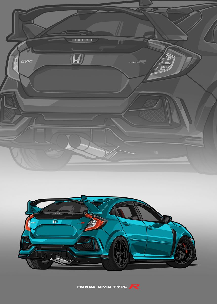 'civic type r cyan poster' Poster, picture, metal print, paint by ...