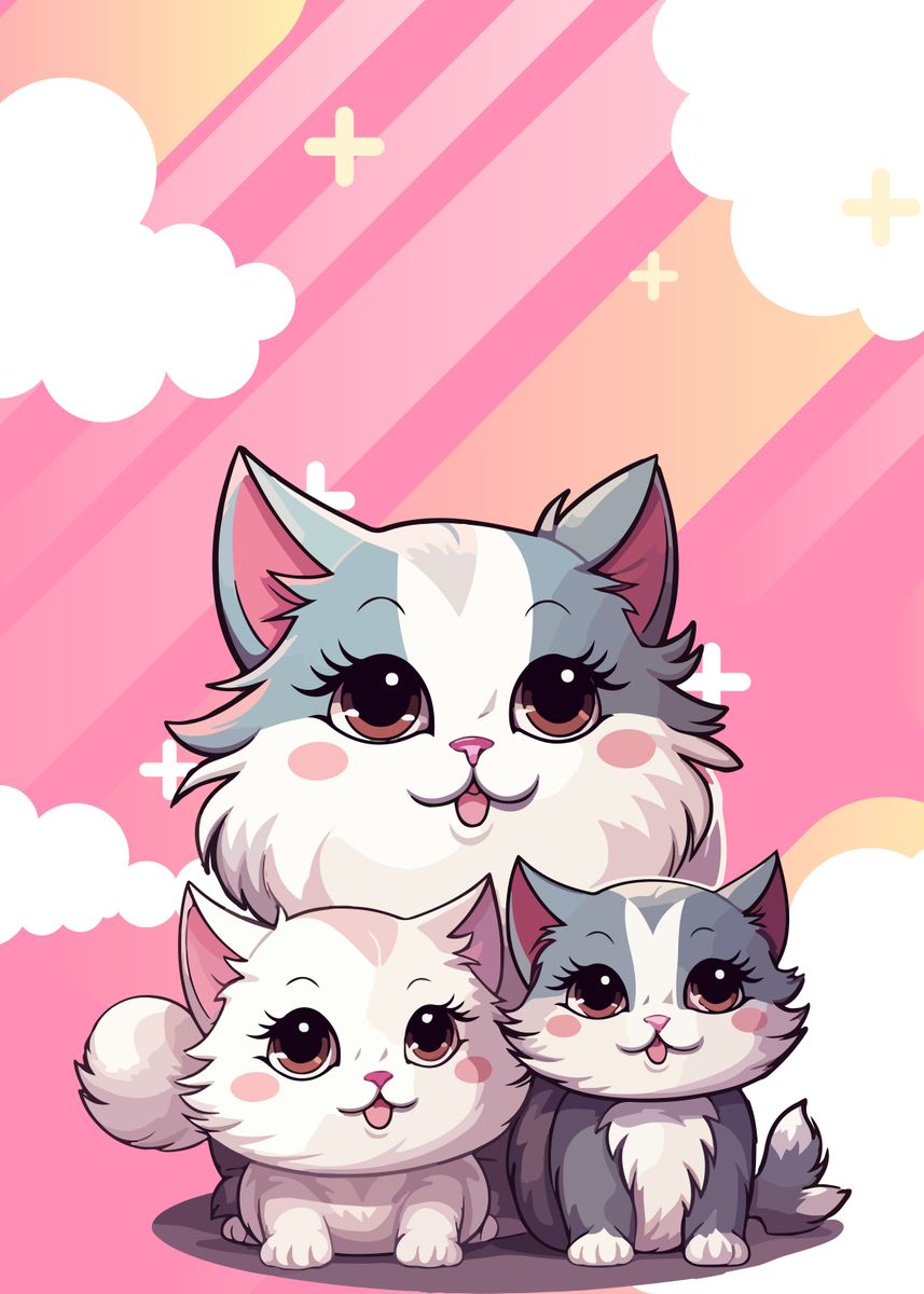'Mother and Two Kitten' Poster, picture, metal print, paint by Esther ...