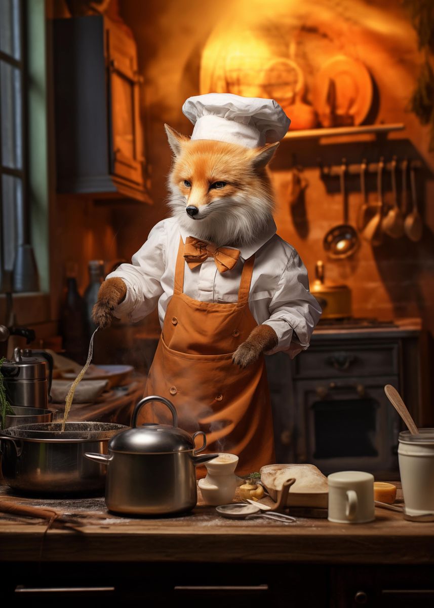 'Fox cooking kitchen' Poster, picture, metal print, paint by Berly ...