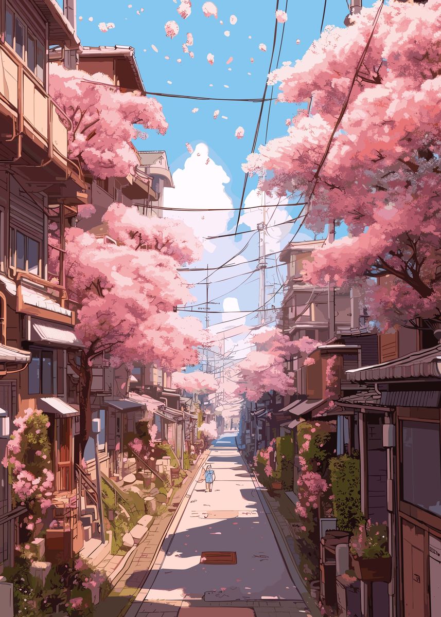 'Japanese Street Sakura' Poster, picture, metal print, paint by ...