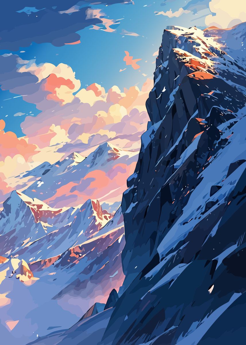 'Snowy Summit' Poster, picture, metal print, paint by Naui Art | Displate