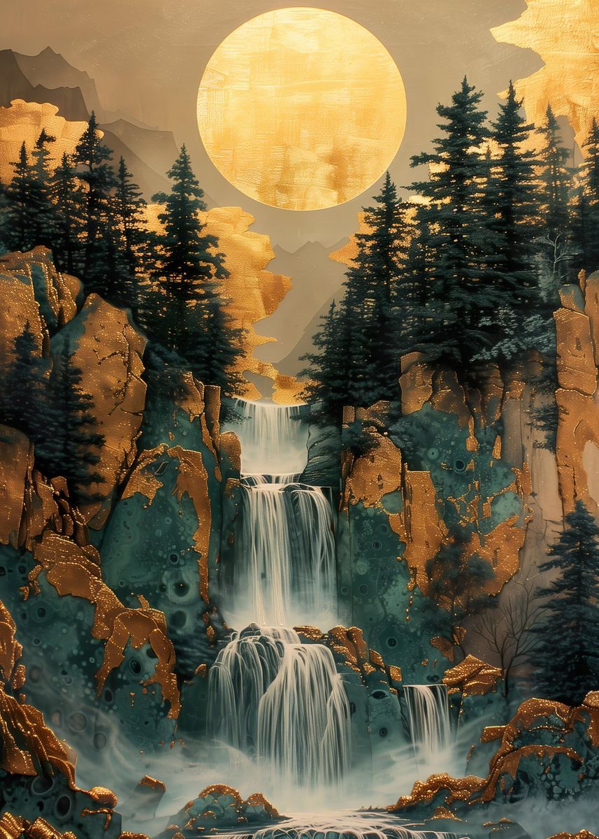 'Golden Cascade' Poster, picture, metal print, paint by Quasarai | Displate