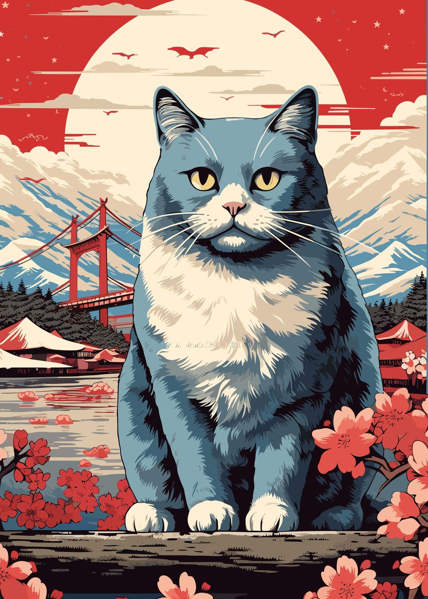 'Cat Japanese Landscape' Poster, picture, metal print, paint by Floyd ...