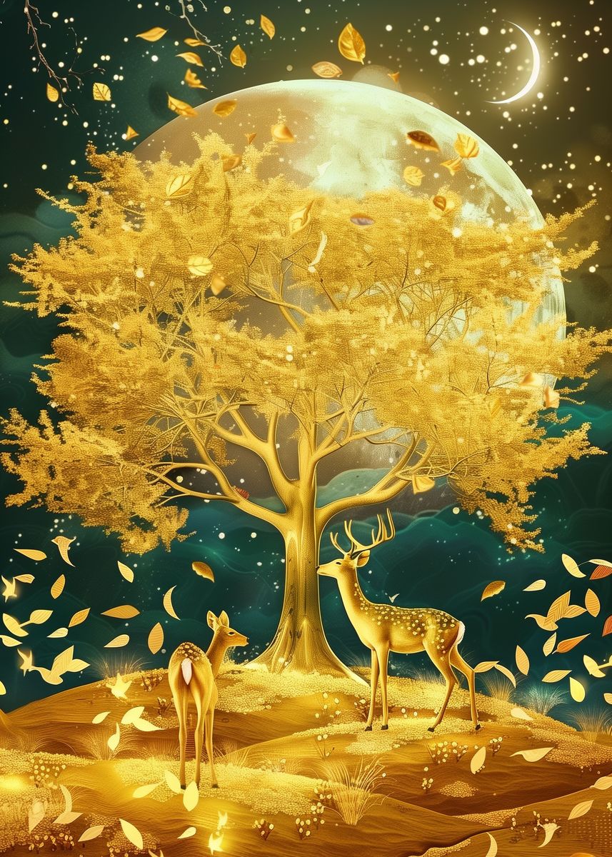 'Golden Tree with Two Deer' Poster, picture, metal print, paint by ...