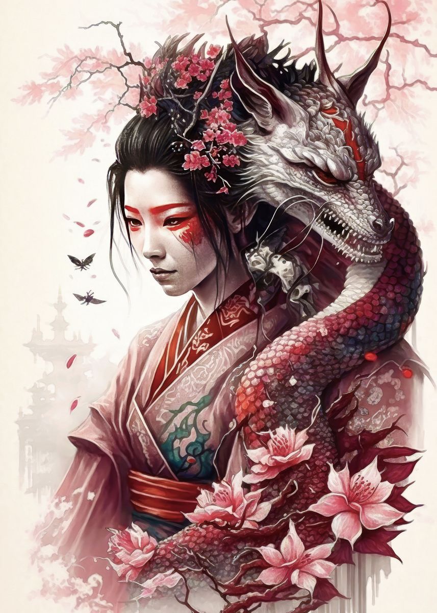 'Geisha dragon' Poster, picture, metal print, paint by Japanese ...