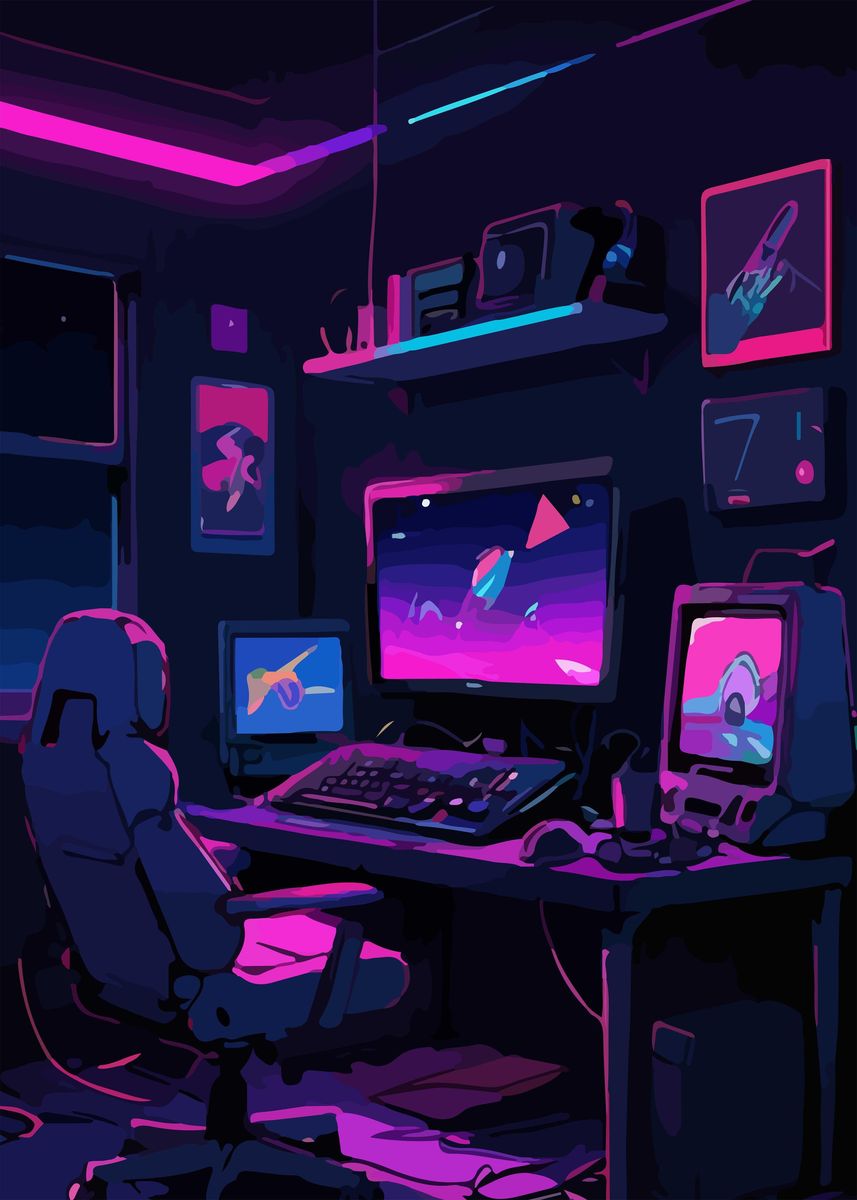 'gaming setup' Poster, picture, metal print, paint by sam the cat ...