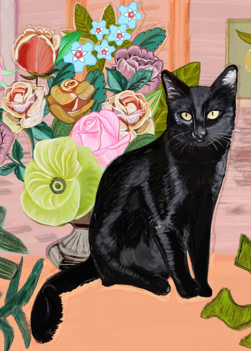 'Black cat with flowers' Poster, picture, metal print, paint by Gulsen ...
