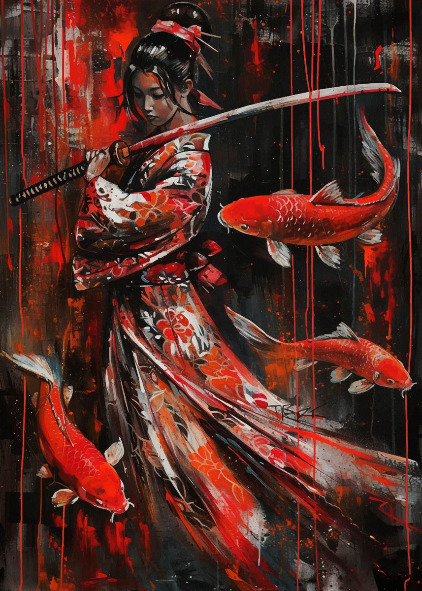 'Geisha Japanese Fish Koi' Poster, picture, metal print, paint by ...