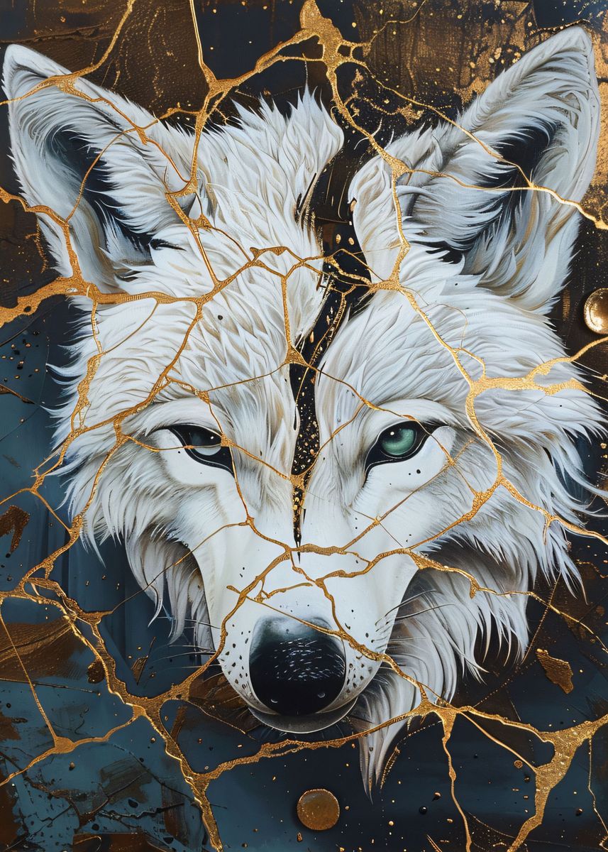 'kintsugi wolf head gemston' Poster, picture, metal print, paint by ...