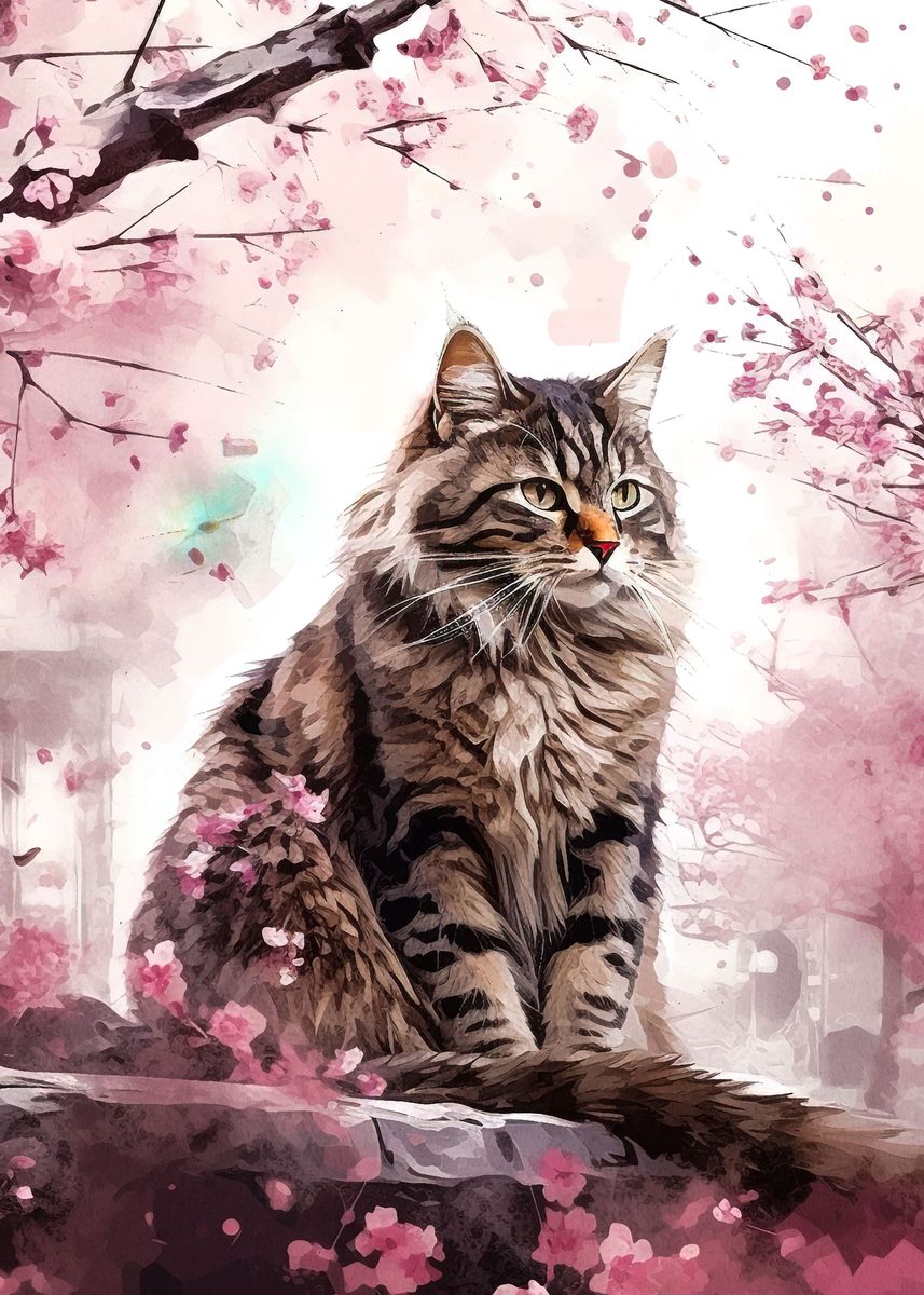 'cherry blossom cat' Poster, picture, metal print, paint by Patsy ...