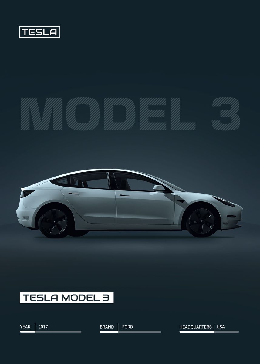 'Tesla Model 3 Car' Poster, picture, metal print, paint by Basues ...
