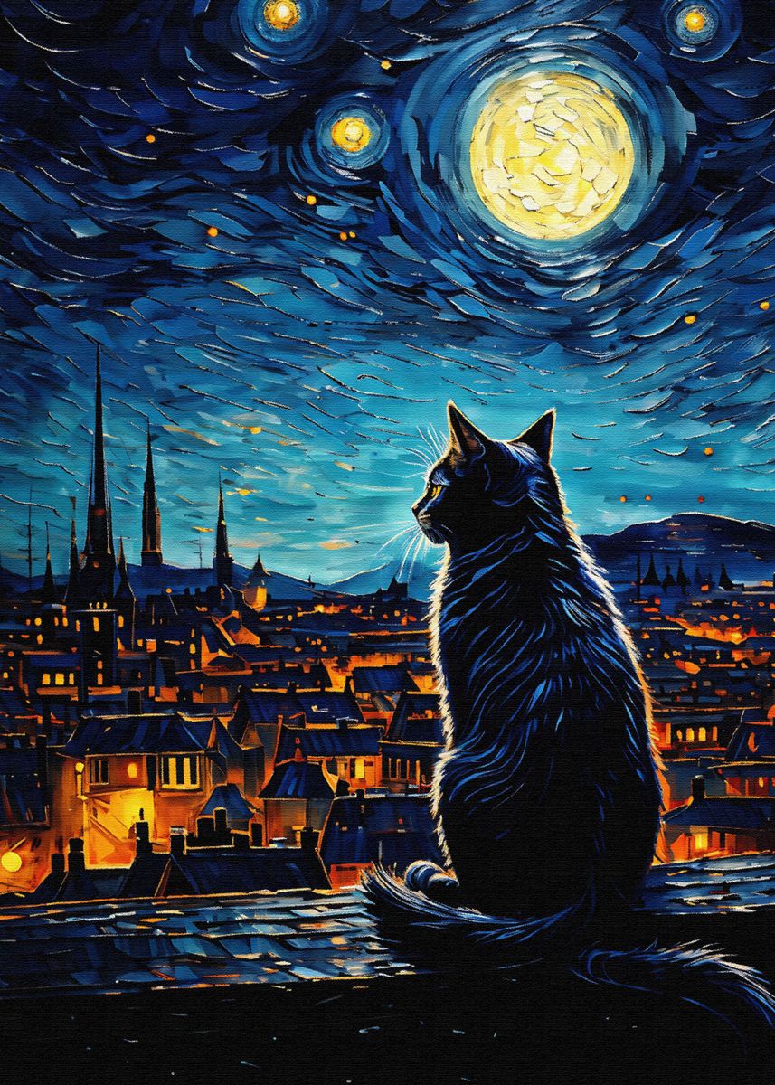 'Night Cat' Poster, picture, metal print, paint by PD Paintings | Displate