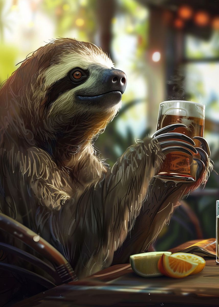 'Sloth Drinking Beer' Poster, picture, metal print, paint by Alisson ...