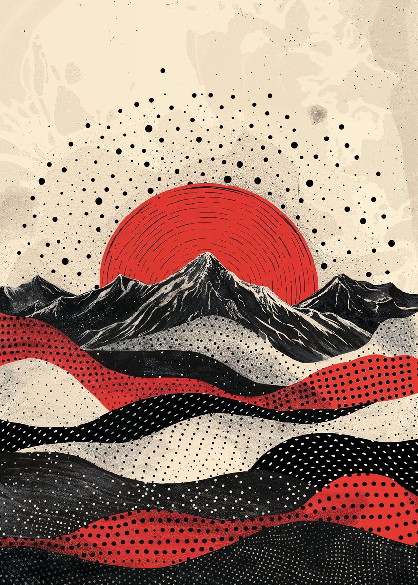 'Red Zen Peaks' Poster, picture, metal print, paint by Katsu | Displate