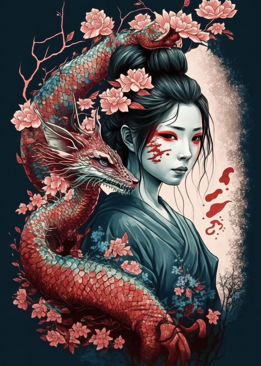 'Geisha dragon' Poster, picture, metal print, paint by Japanese ...