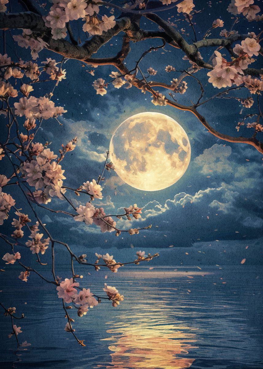 'Moon Cherry Blossom ' Poster, picture, metal print, paint by Jaycee Mc ...