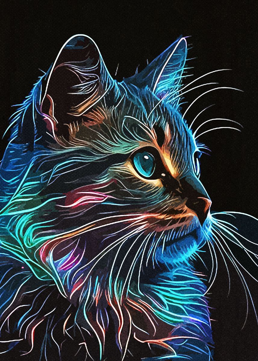 'Line Art Neon Cat' Poster, picture, metal print, paint by Ammar Zain ...