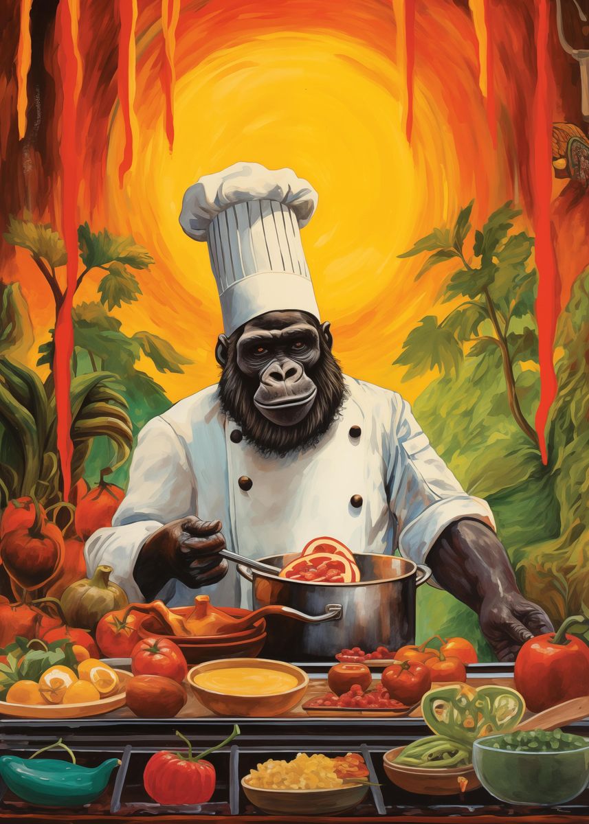 'Gorilla cooking kitchen' Poster, picture, metal print, paint by Berly ...