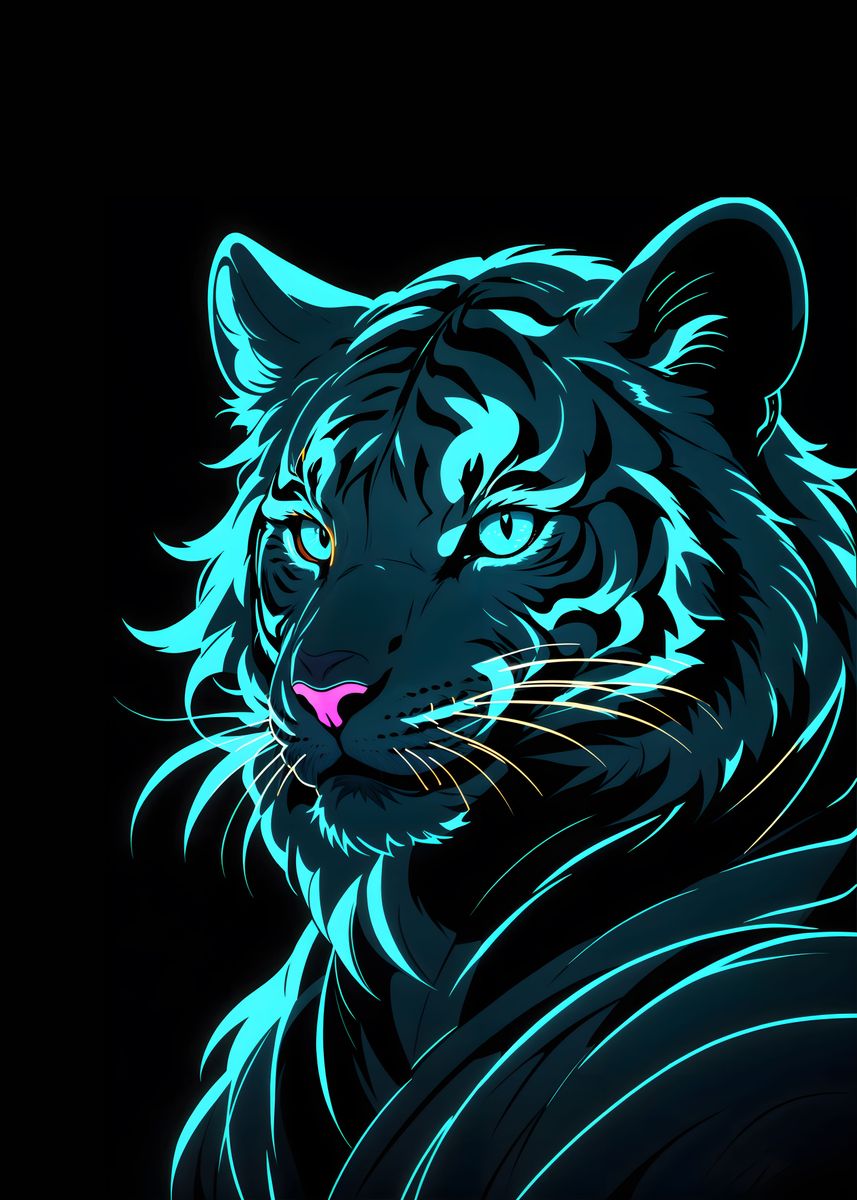 'Tiger Neon Cyan Outline' Poster, picture, metal print, paint by VR ...