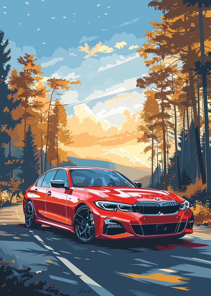 'Red BMW M340i Landscape' Poster, picture, metal print, paint by Maël ...