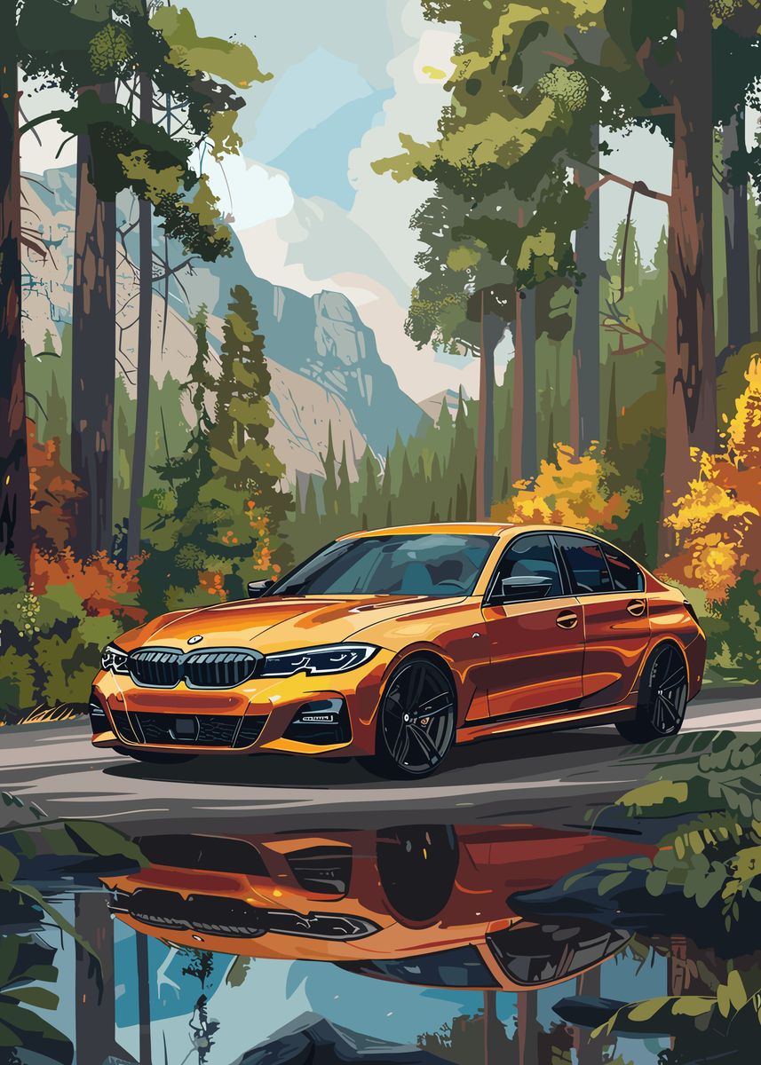 'Yellow BMW M340i Forest' Poster, picture, metal print, paint by Maël ...