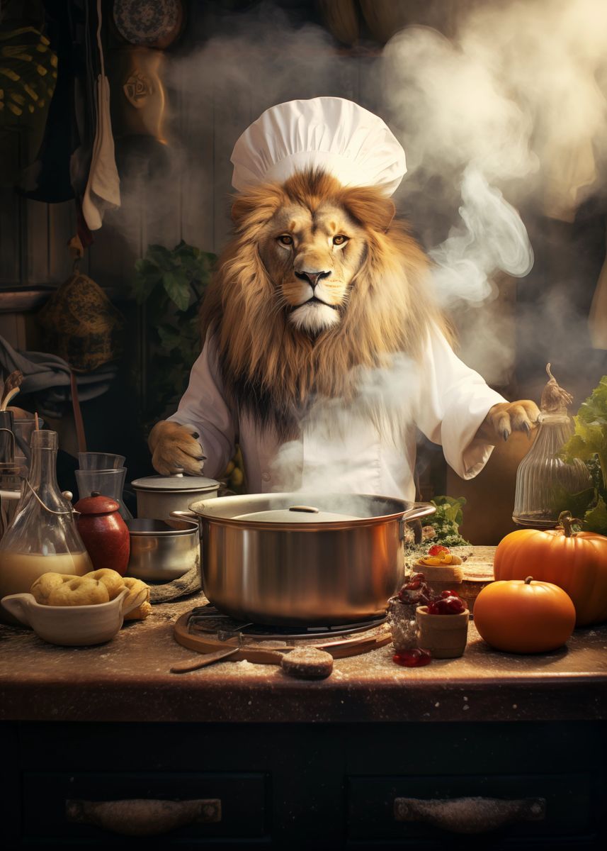 'Lion cooking kitchen' Poster, picture, metal print, paint by Berly ...