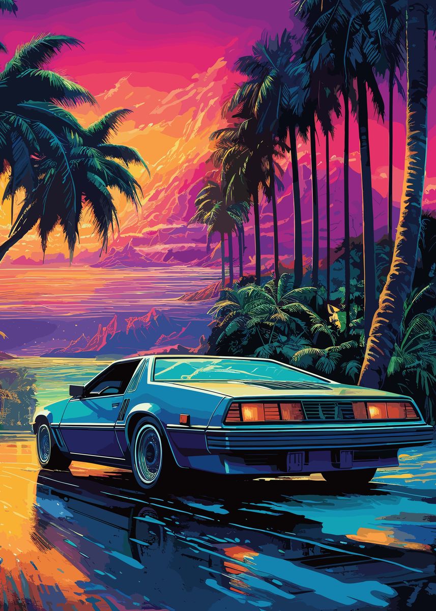 'Retro Miami Neon Sunset' Poster, picture, metal print, paint by ...