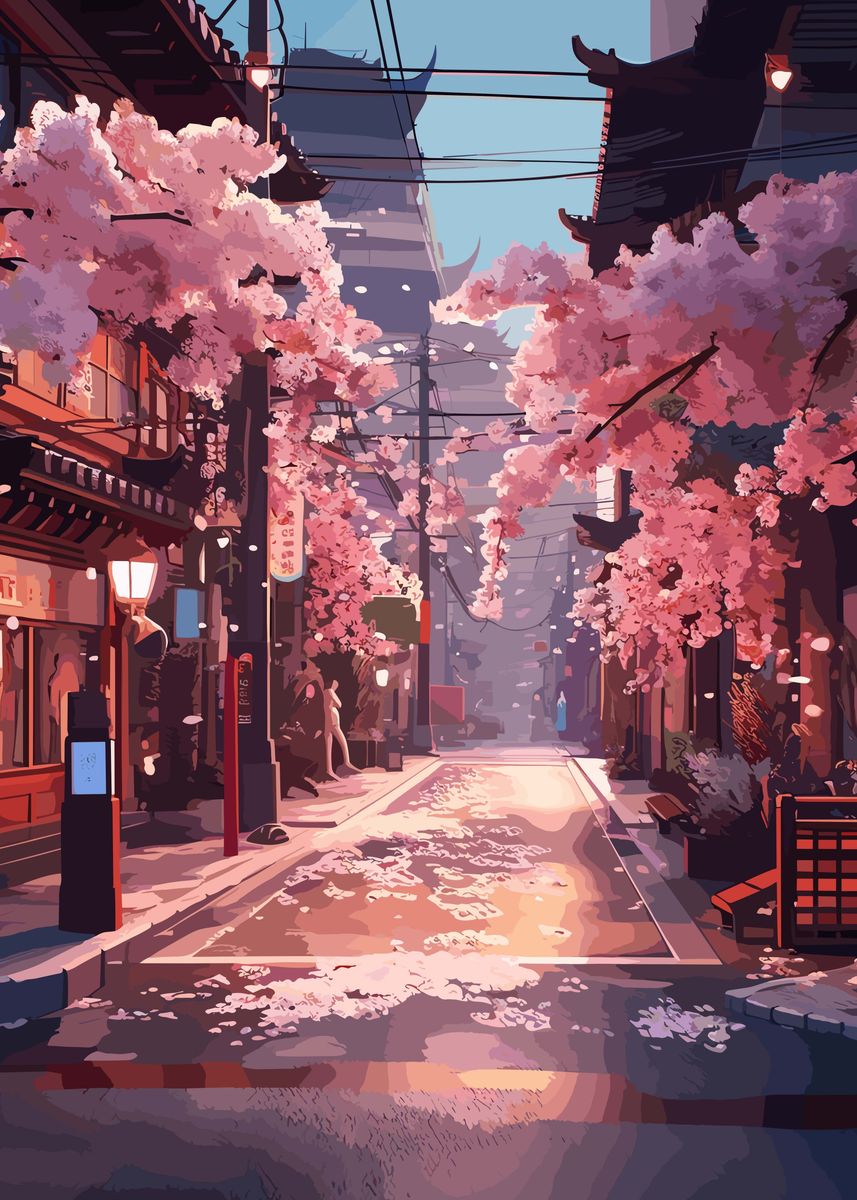 'Japanese Street Sakura' Poster, picture, metal print, paint by ...