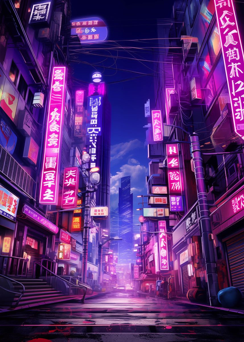 'Neon Cyberpunk Japan' Poster, picture, metal print, paint by ELYussArt ...