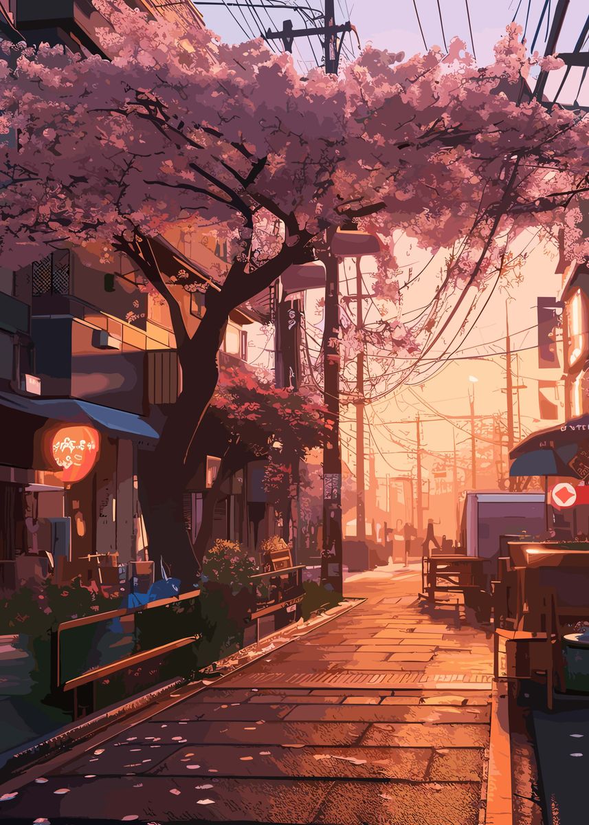 'Japanese Street Sakura' Poster, picture, metal print, paint by ...