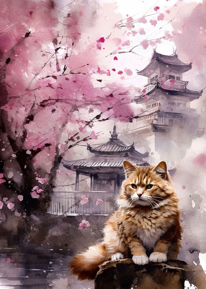 'cherry blossom cat ' Poster, picture, metal print, paint by Patsy ...