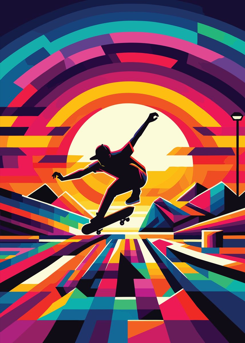 'Skateboarding sunset wpap' Poster, picture, metal print, paint by du ...