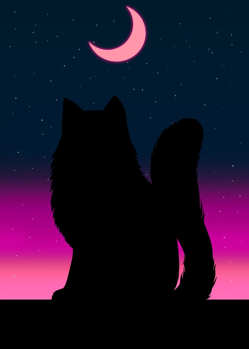'pink moon cat' Poster, picture, metal print, paint by Xiroona | Displate