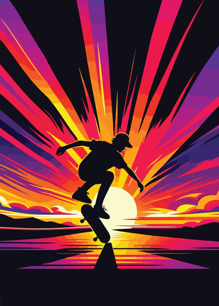 'Skateboarding sunset wpap' Poster, picture, metal print, paint by du ...
