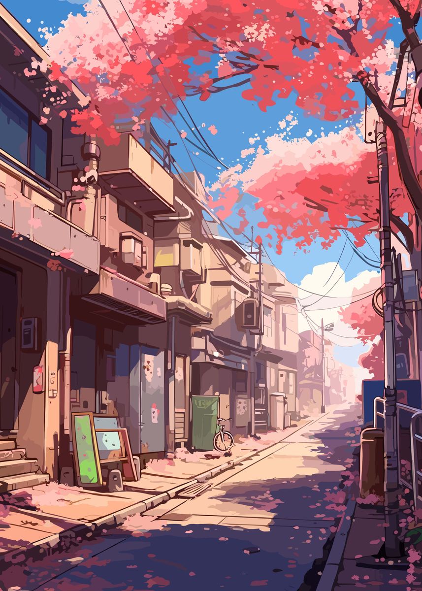 'Japanese Street Sakura' Poster, picture, metal print, paint by ...