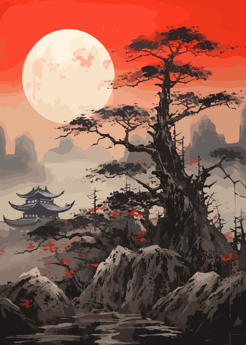 'Red Moon Tree Dark' Poster, picture, metal print, paint by Constance ...