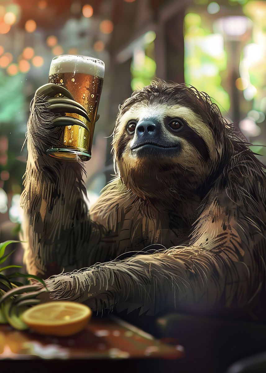 'Sloth Drinking Beer' Poster, picture, metal print, paint by Alisson ...