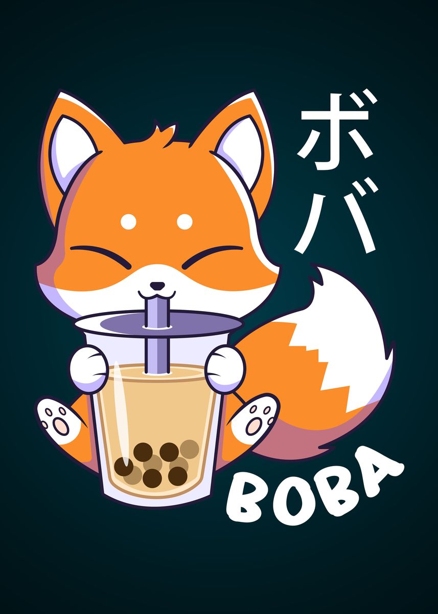 'Fox Sipping Boba Milk Tea' Poster, picture, metal print, paint by ...