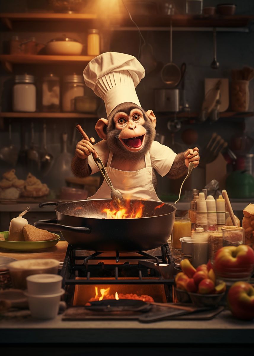 'Monkey cooking kitchen' Poster, picture, metal print, paint by Berly ...