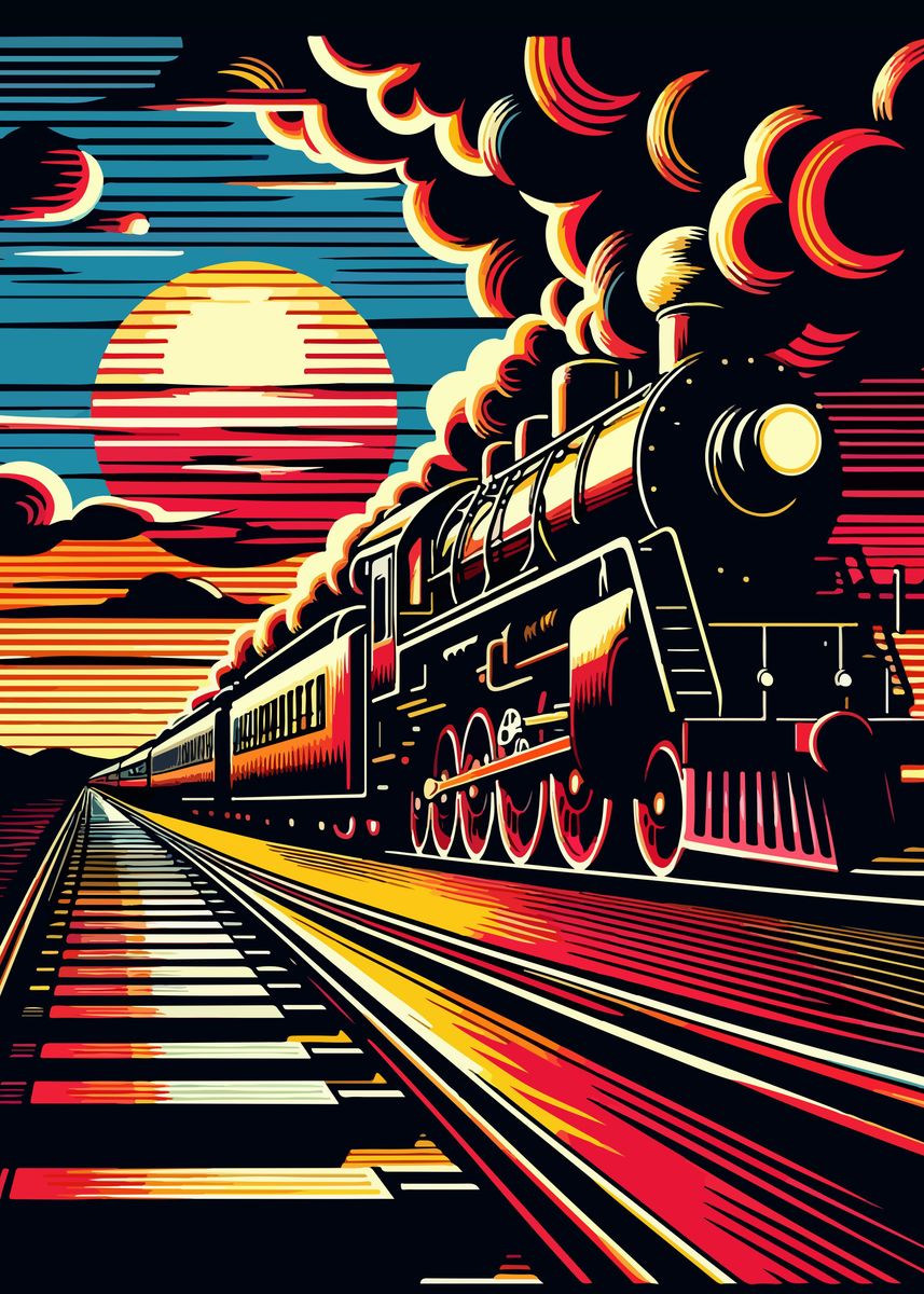'steam train sunset wpap' Poster, picture, metal print, paint by du ...