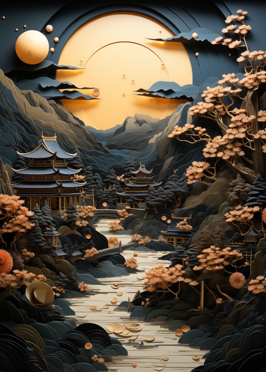 'Golden Japanese Eclipse ' Poster, picture, metal print, paint by Anima ...