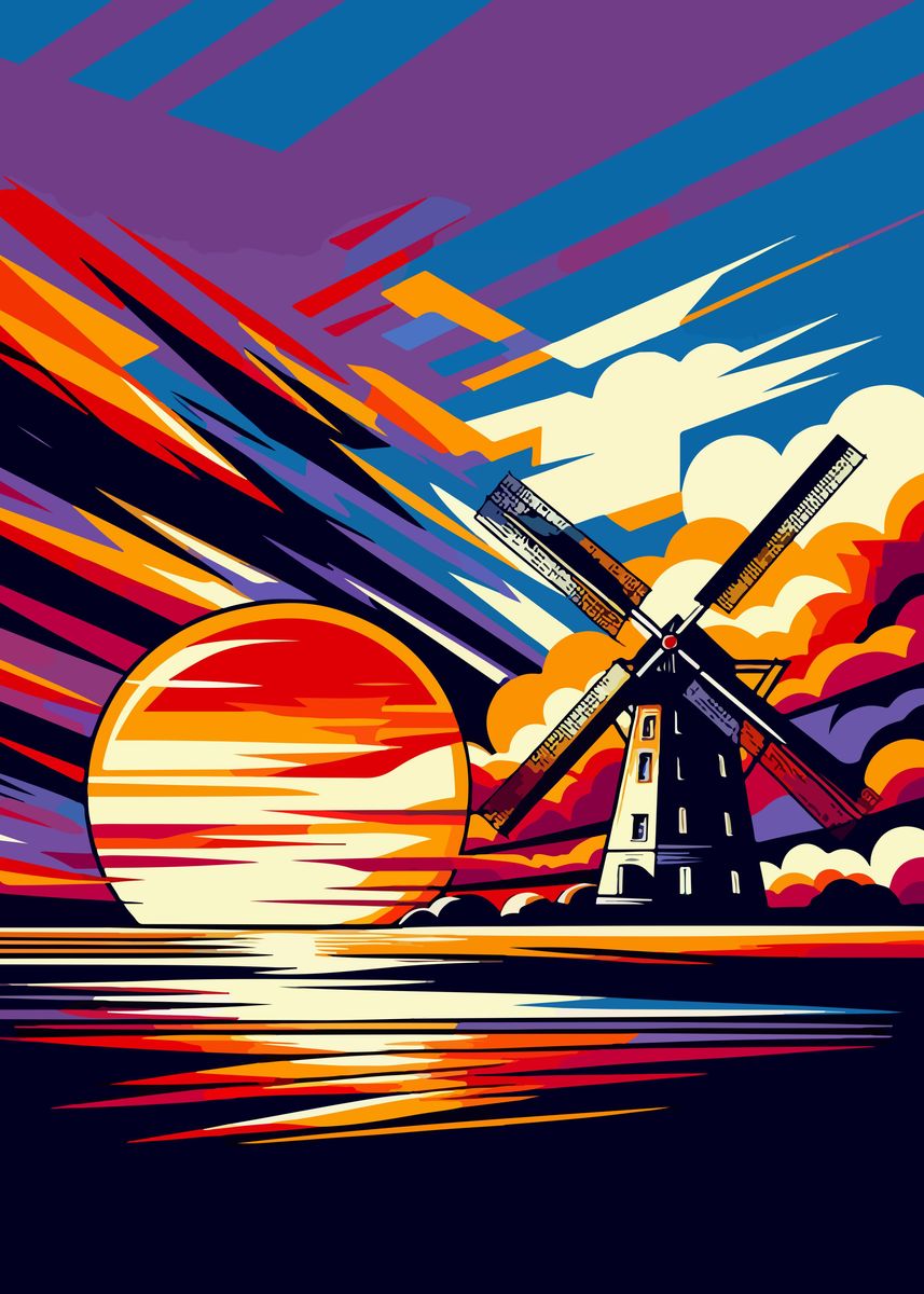 'windmill sunset wpap art' Poster, picture, metal print, paint by du ...
