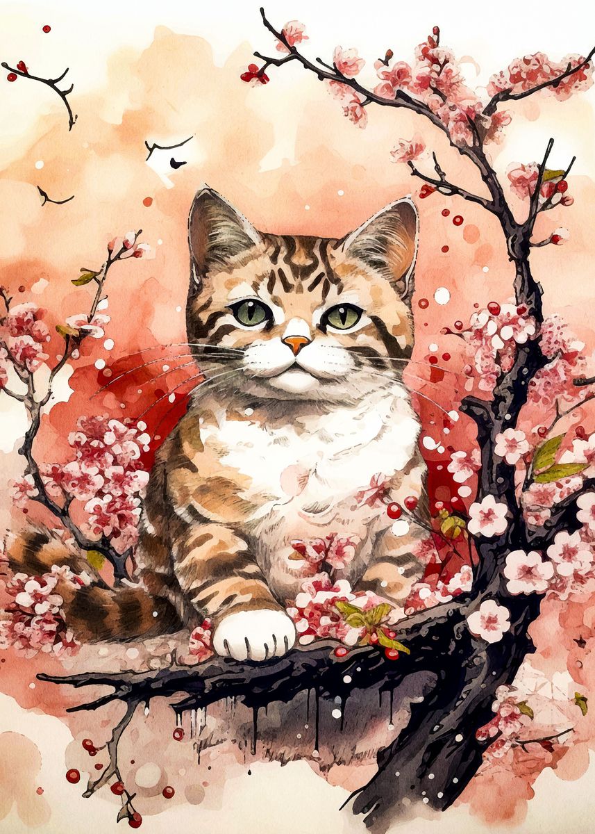 'cherry blossom cat' Poster, picture, metal print, paint by Patsy ...
