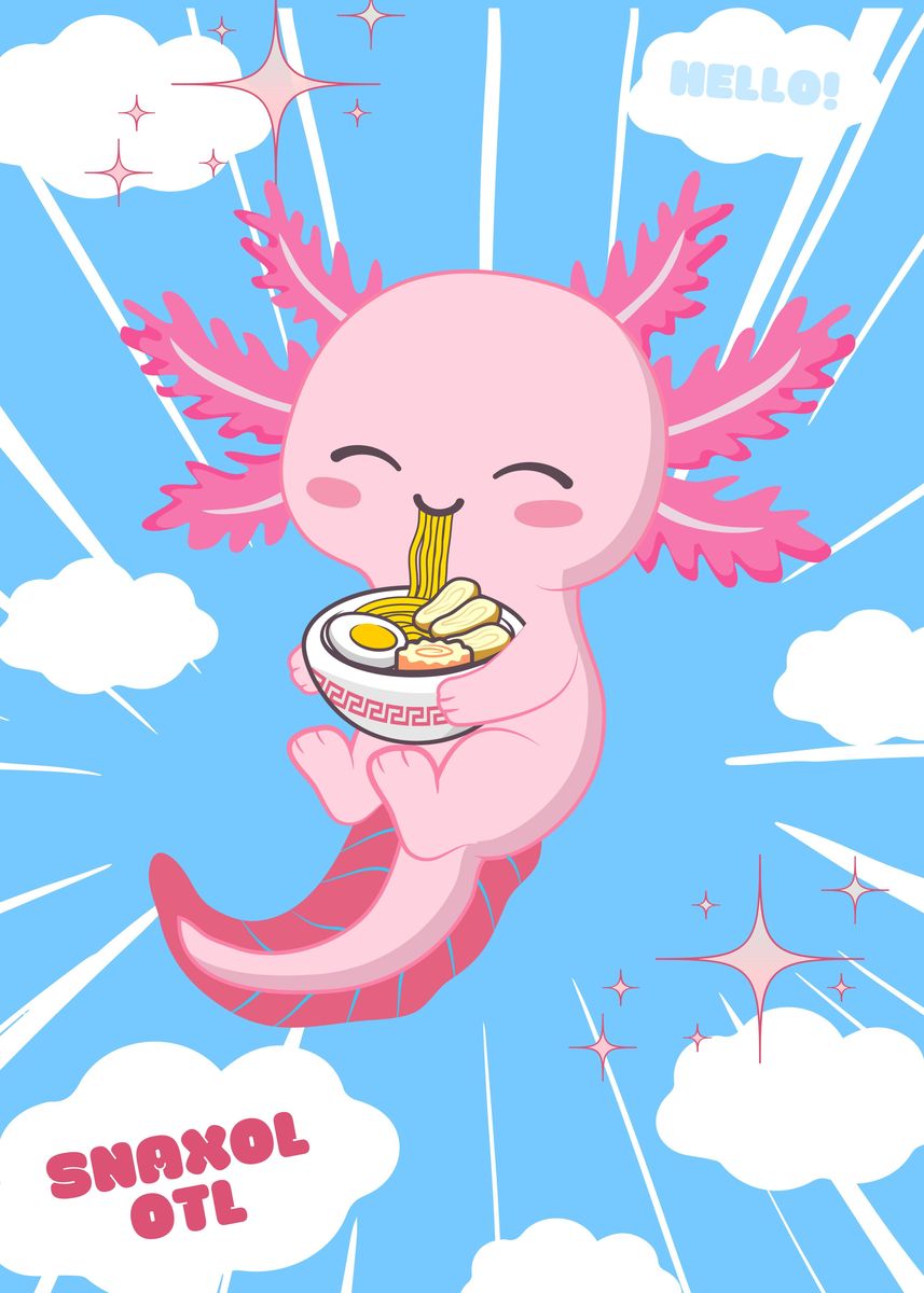 'cute axolotl eating ramen' Poster, picture, metal print, paint by ...