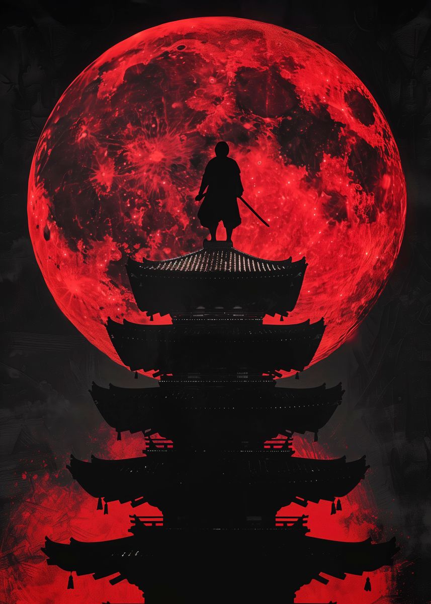 'Red Moon Shinobi' Poster, picture, metal print, paint by KyzArt | Displate