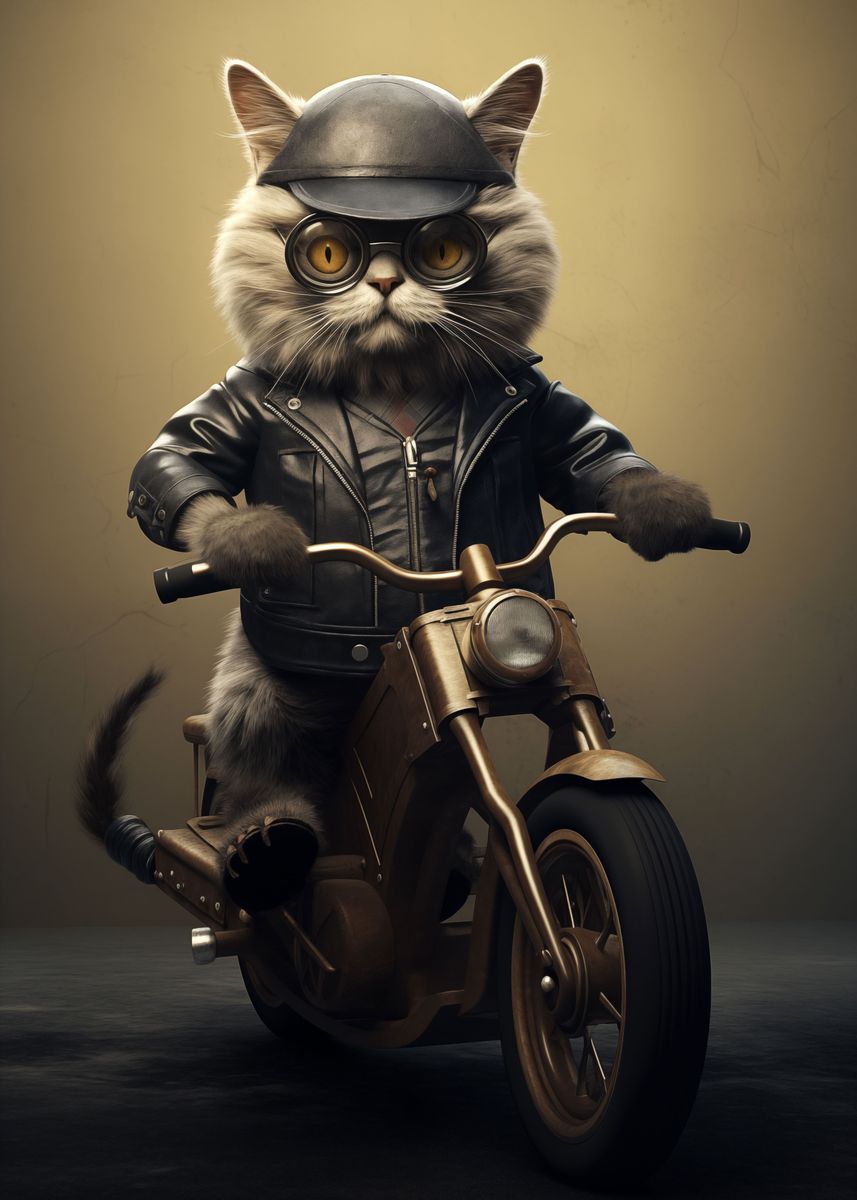 'Cat Biker Animal' Poster, picture, metal print, paint by Roman Stasiuk ...