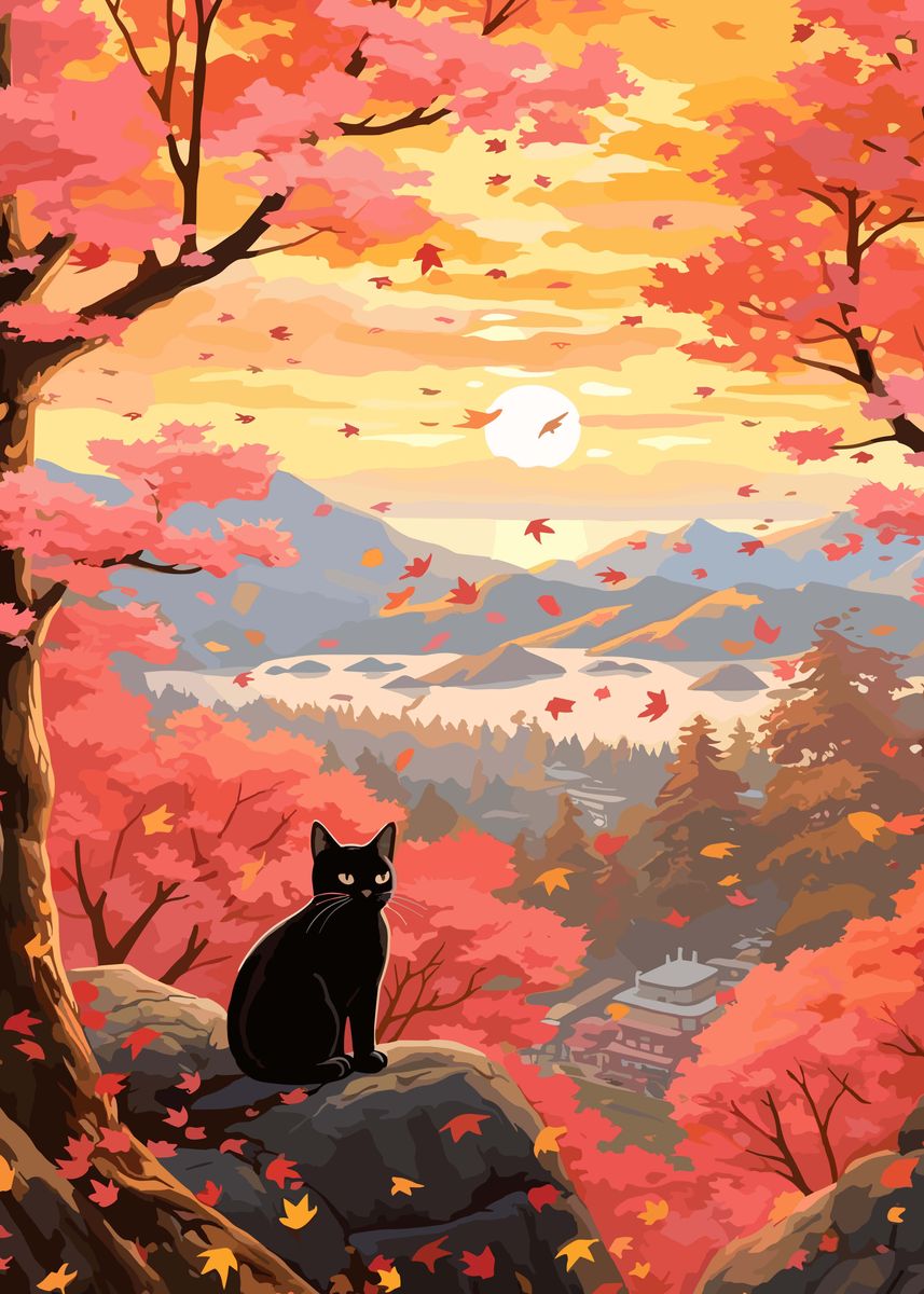 'Cat Japanese Landscape' Poster, picture, metal print, paint by Floyd ...