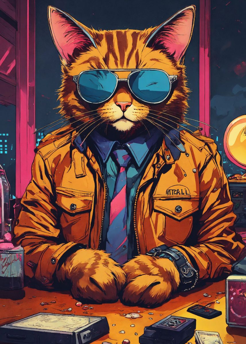 'Funny Cat Office Retro' Poster, picture, metal print, paint by DASDOFF ...