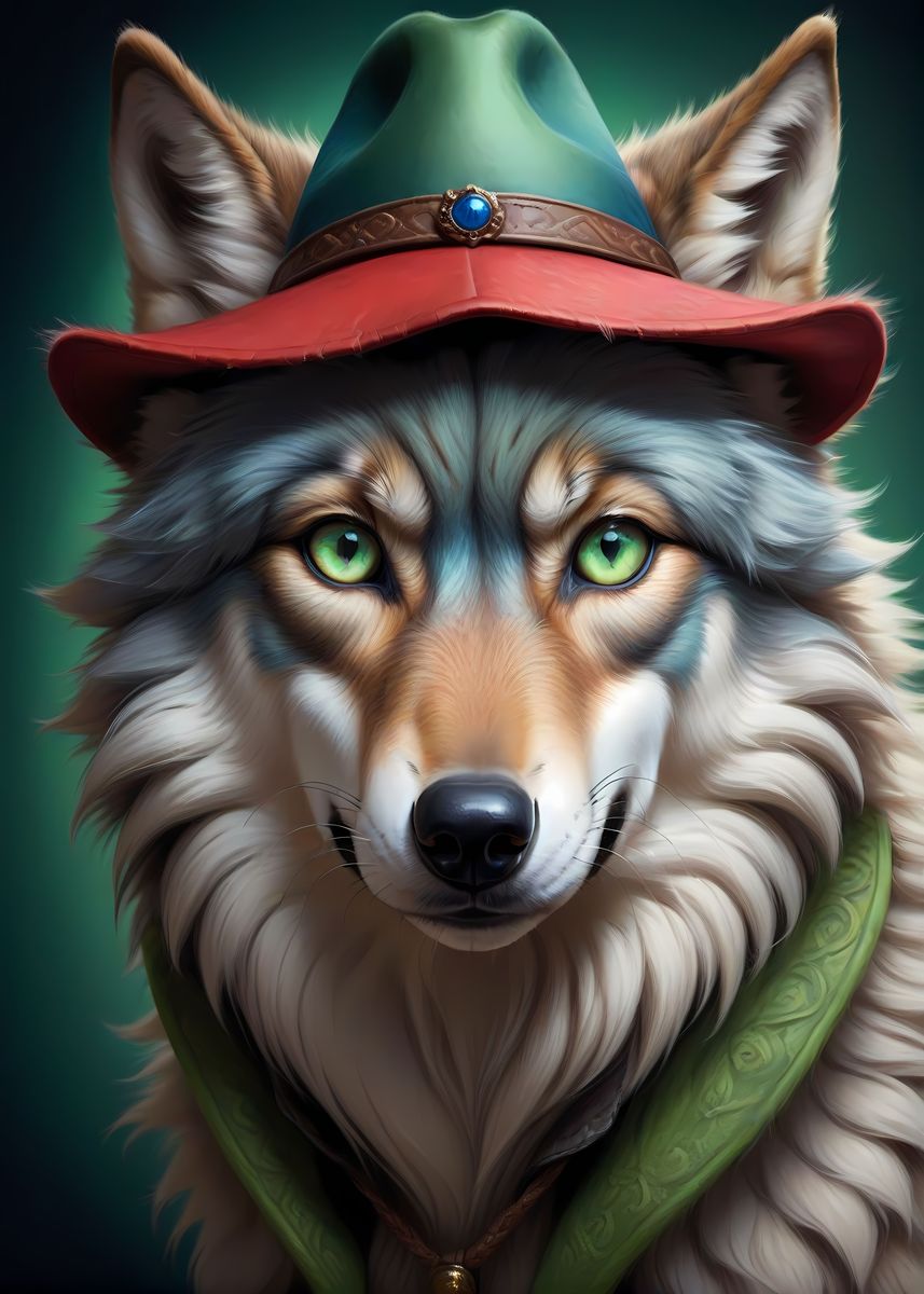 'Wolf with Hat' Poster, picture, metal print, paint by Gin Art | Displate