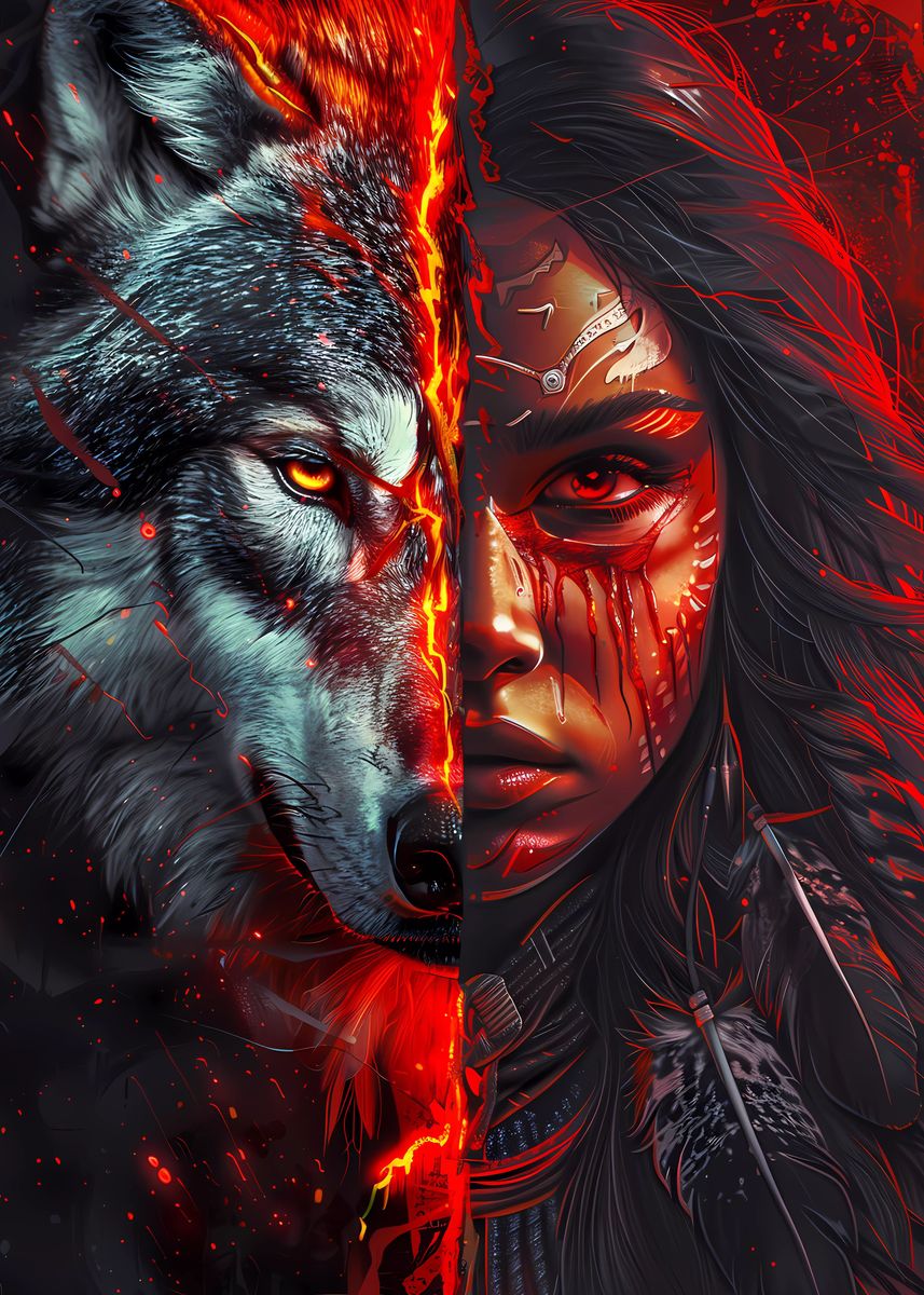 'Red Native American Wolf' Poster, picture, metal print, paint by Yara ...